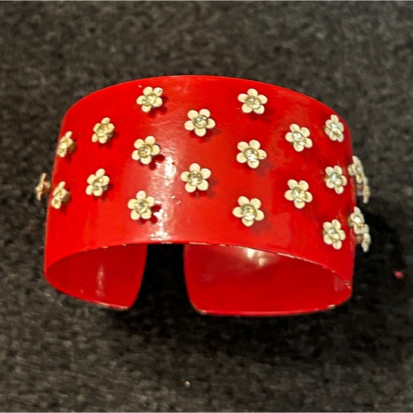 Jewelry | Vintage Red Metal Rhinestone Flower Cuff Bracelet | Poshmark
